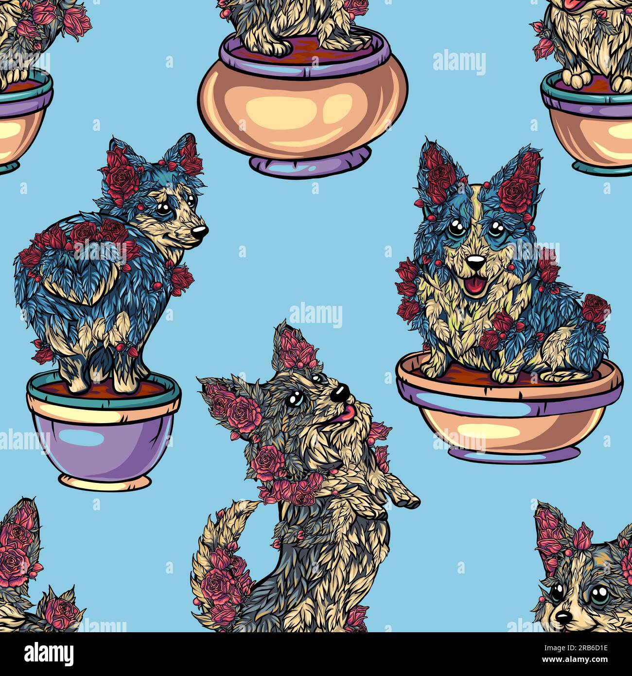 illustration of corgi shaped trees with pink flowers in cartoon style ...