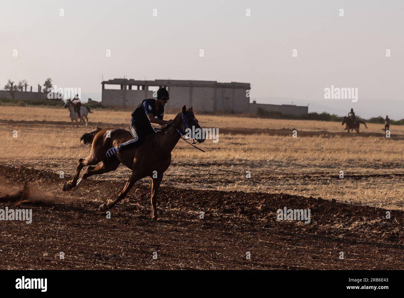 Binnish, Syria. 07th July, 2023. A Jockey rides his horse during a race ...