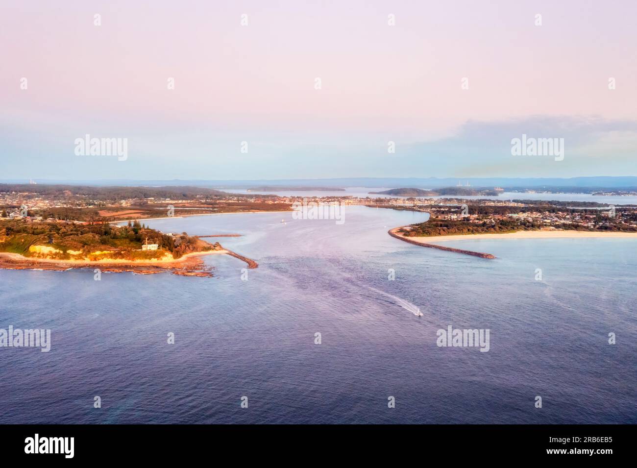 Swansea channel delta on Pacific ocean at sunrise to Lake Macquarie in ...