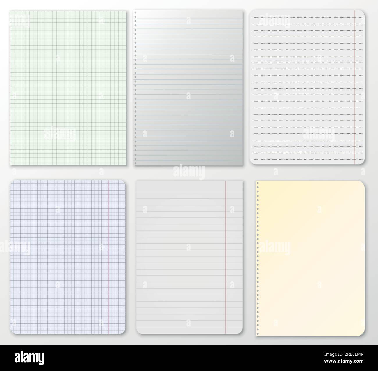 Set of note, notebook lined, squared paper stuck on grey background ...