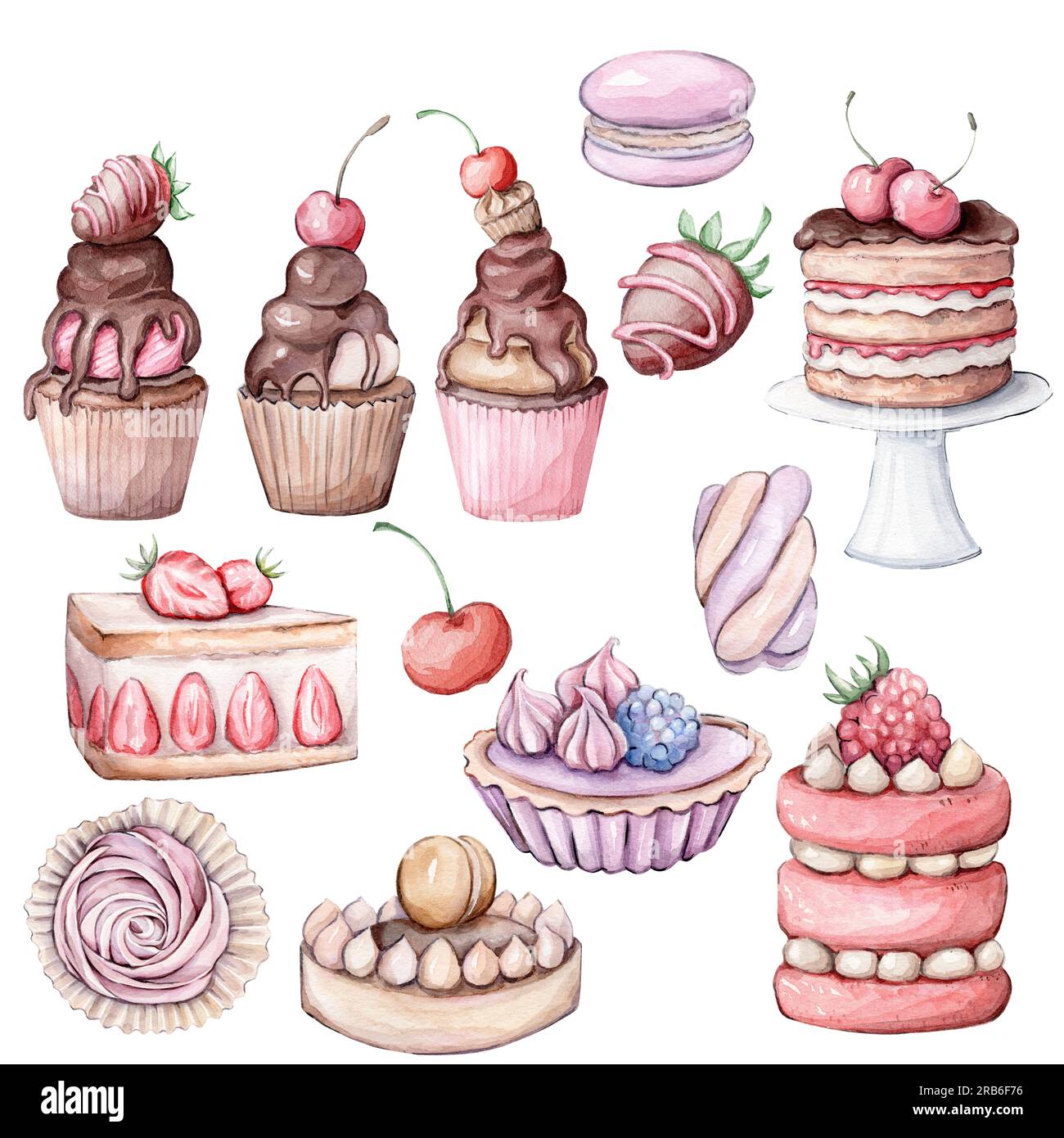 Watercolor set of ice cream and cupcakes Stock Photo - Alamy