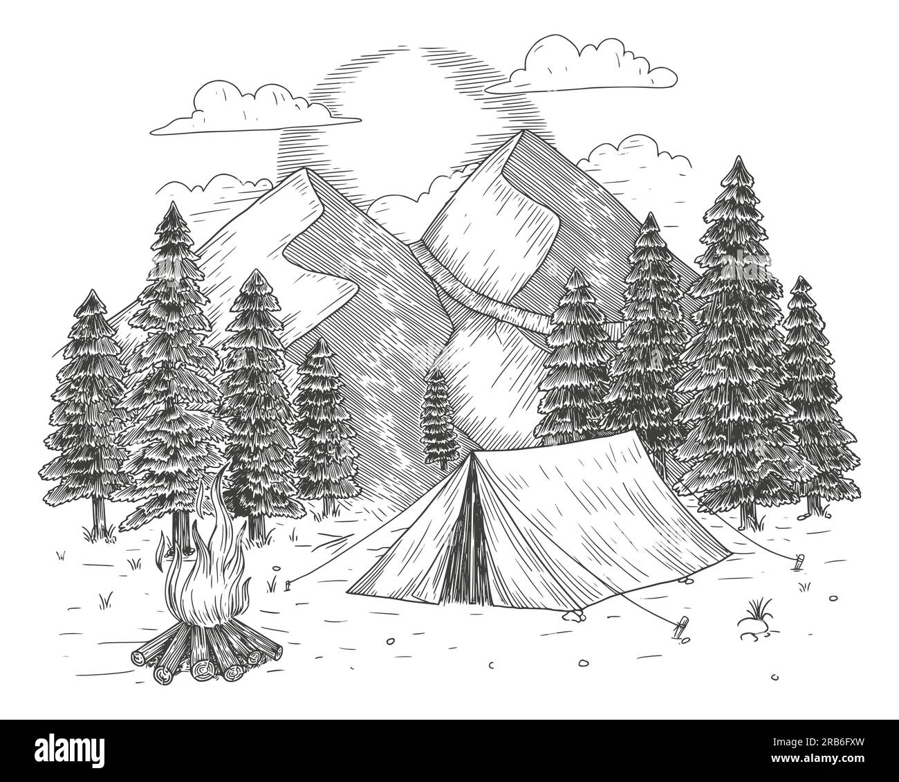 Hand drawn camping bonfire. with mountain and forest. vintage vector ...
