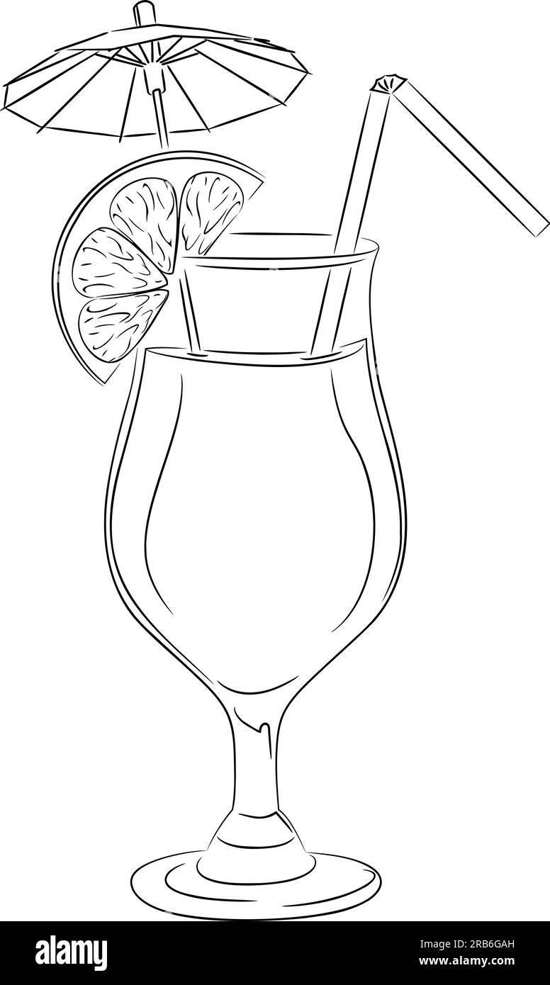 Line art illustration of cocktail glass with lemon drink. Vector illustration of lemonade with ...