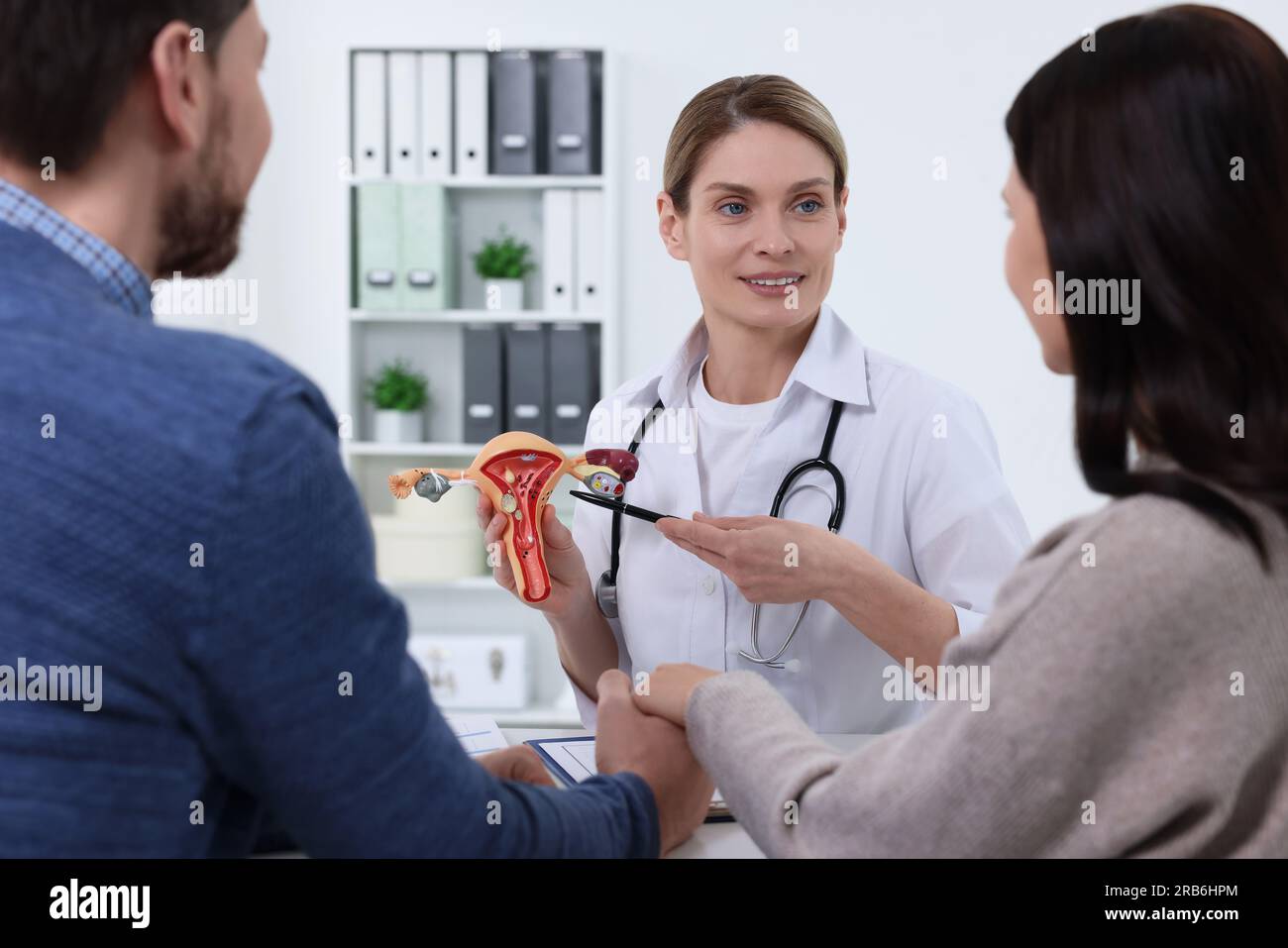 Fertility doctor demonstrating model of female reproductive system to ...