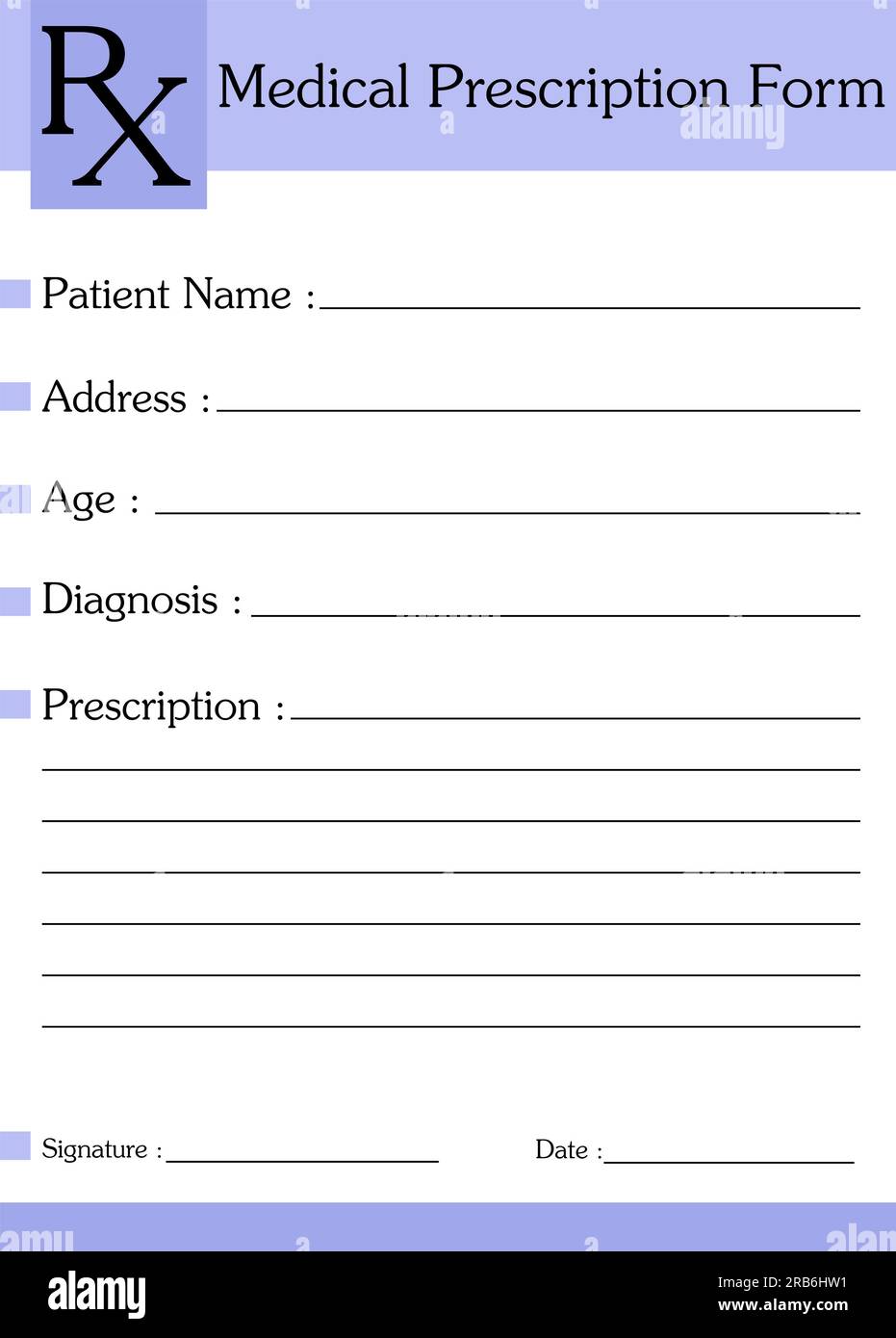 Medical prescription form with empty fields (Patient Name and others ...
