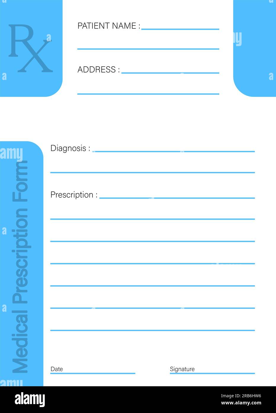 Medical prescription form with empty fields (Patient Name, Address ...