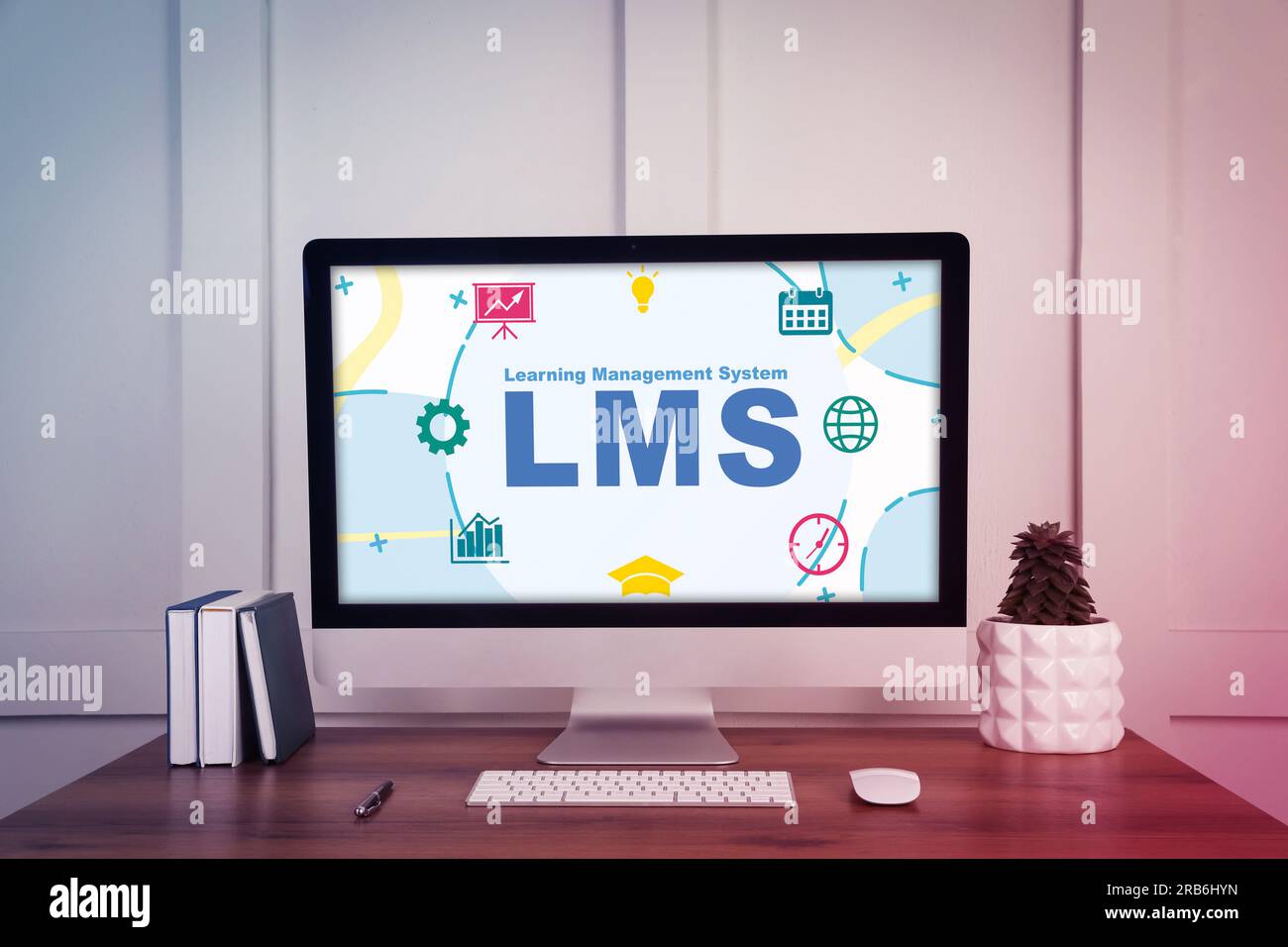 Learning Management System. Computer monitor with different icons and abbreviation LMS on screen ...