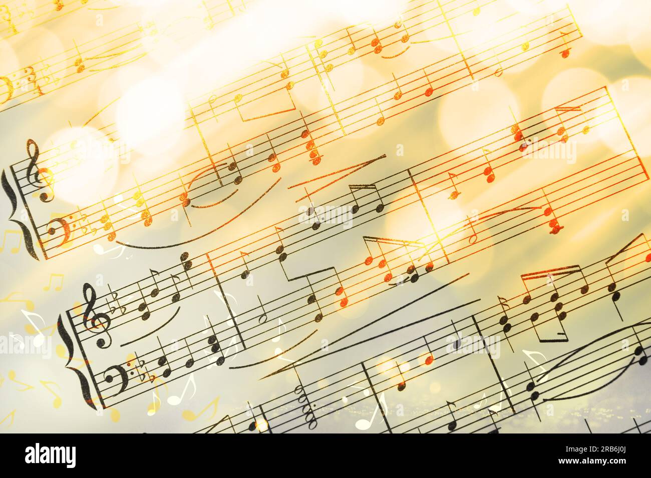 Sheet with music notes as background, closeup. Bokeh effect Stock Photo ...