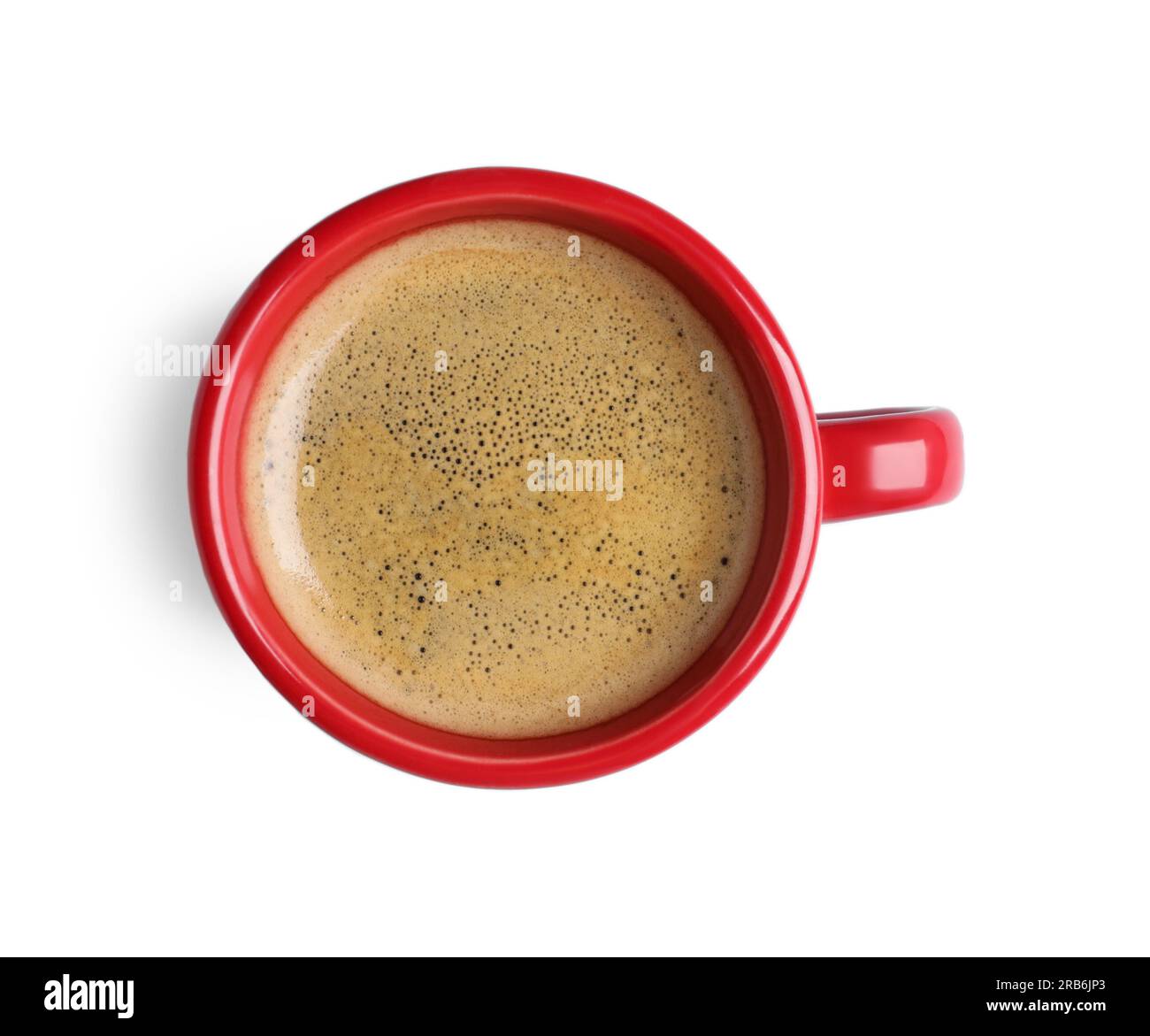 Red ceramic cup with hot aromatic coffee isolated on white, top view ...