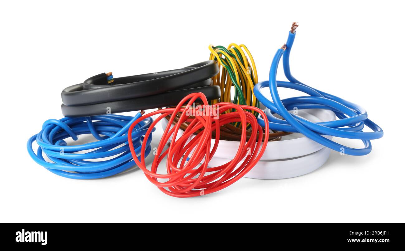 Different new electrical wires isolated on white Stock Photo - Alamy
