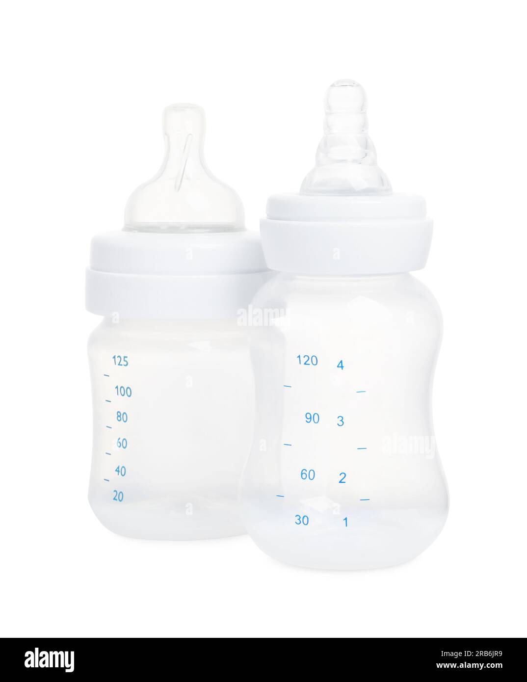 Two empty feeding bottles for infant formula on white background Stock ...