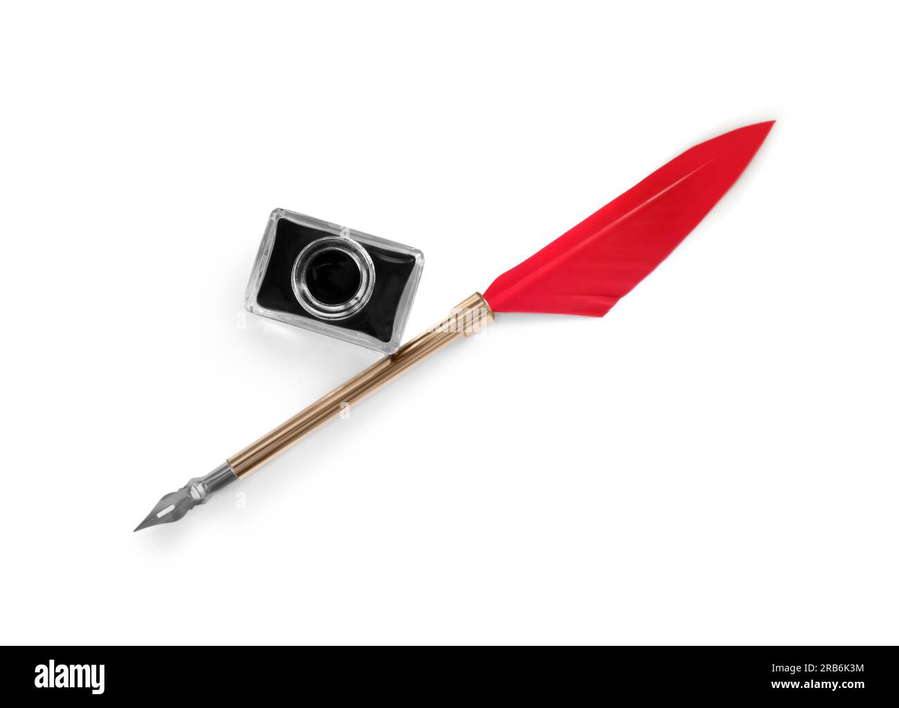 Feather pen and inkwell on white background, top view Stock Photo - Alamy