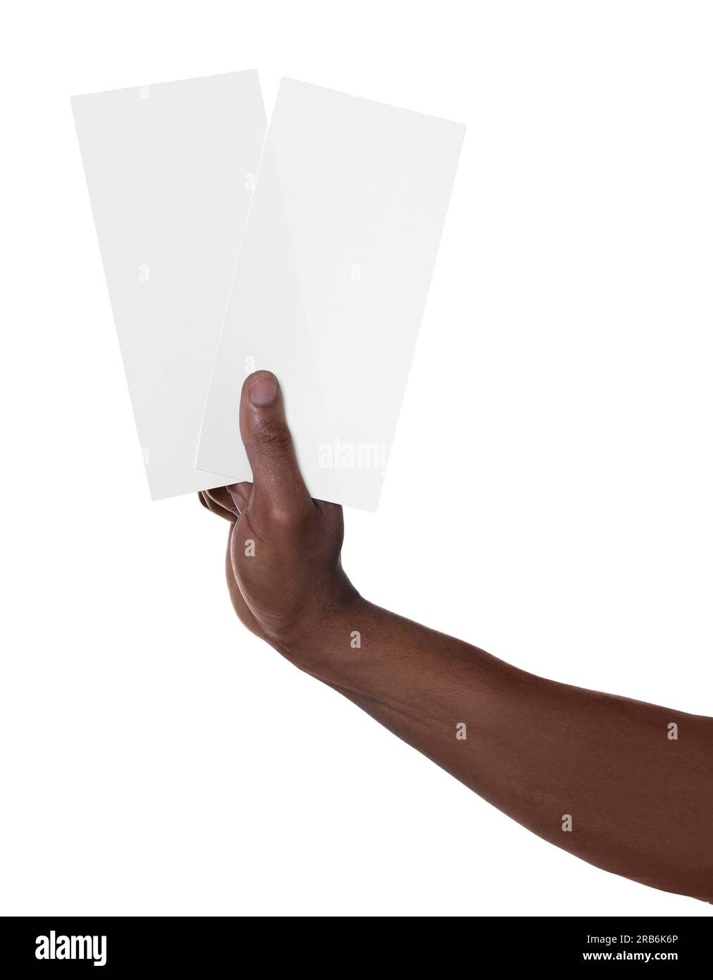 African American man holding flyers on white background, closeup ...