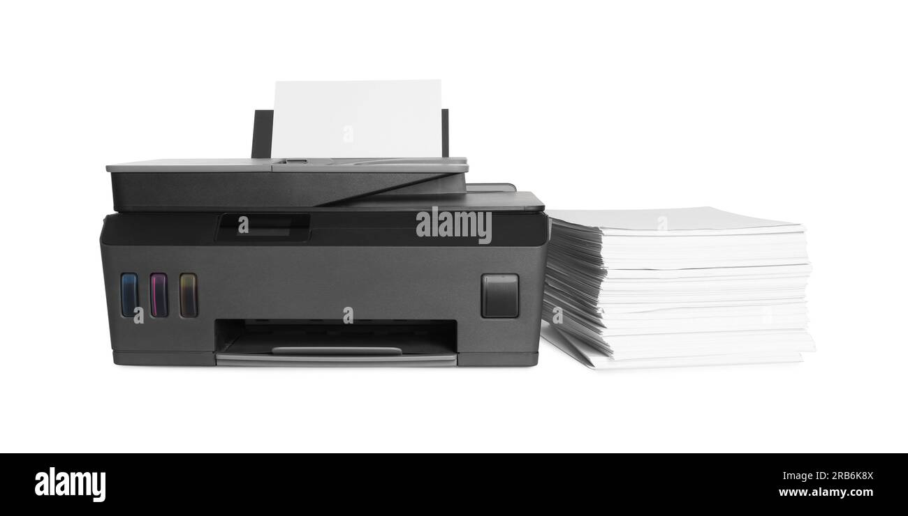 Modern printer and stack of paper on white background Stock Photo - Alamy
