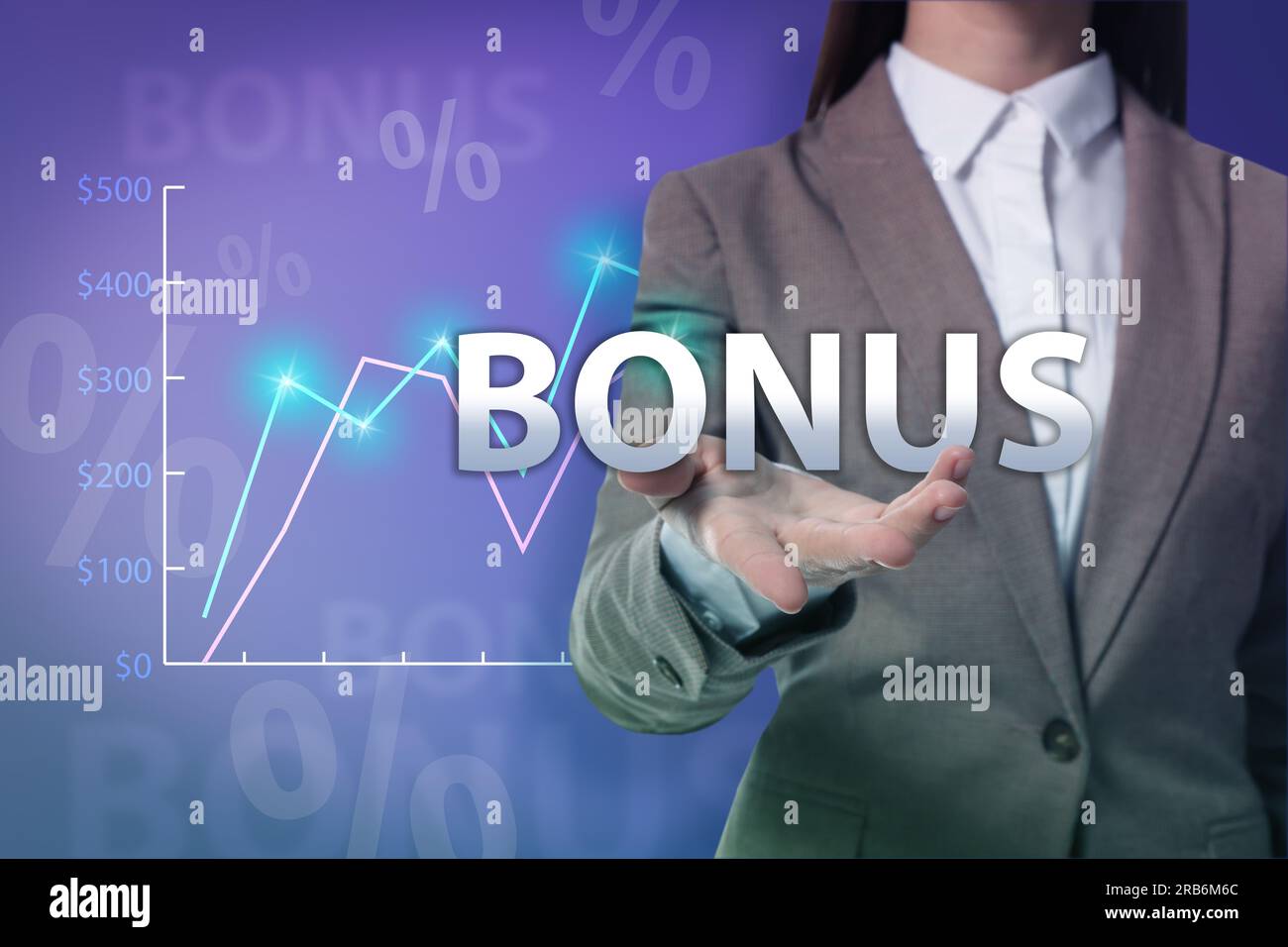 Woman holding word Bonus on color background with percent signs and ...