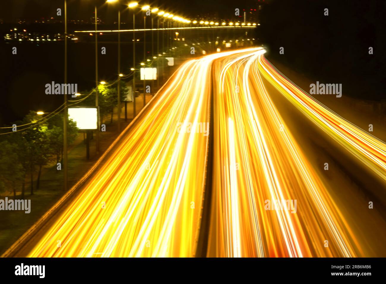 Road traffic, motion blur effect. View of car light trails at night ...