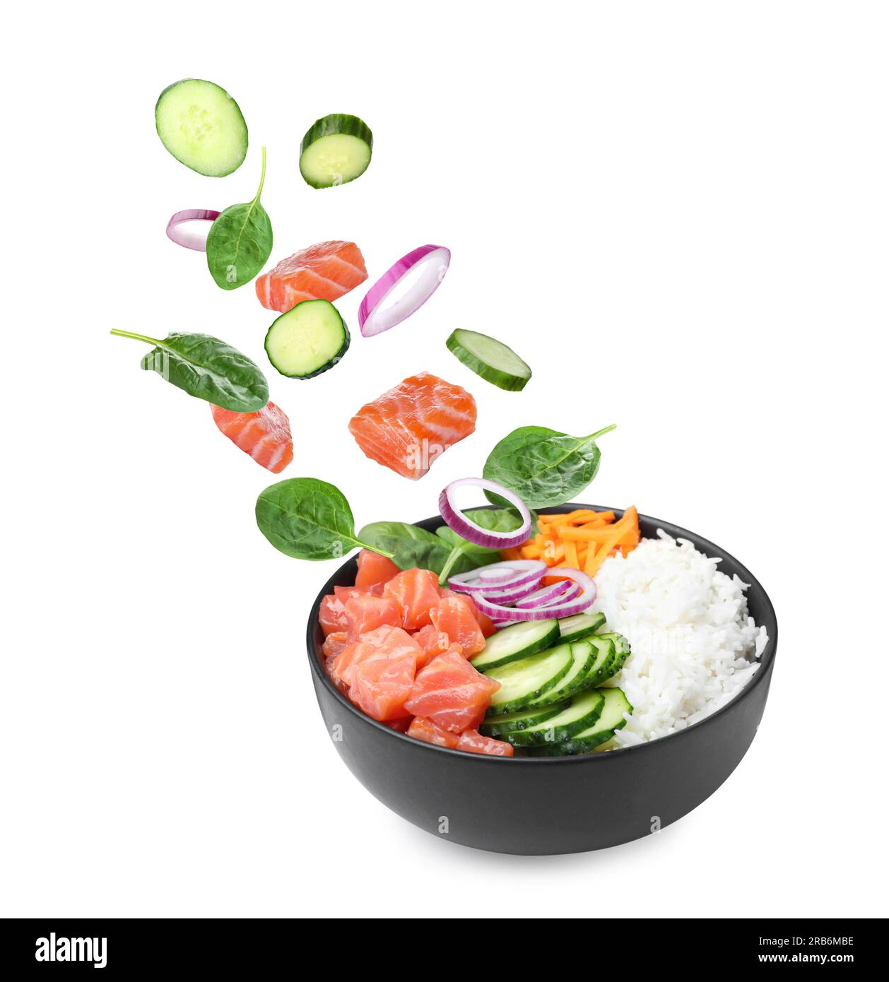 Poke recipe. Different ingredients falling into bowl on white ...