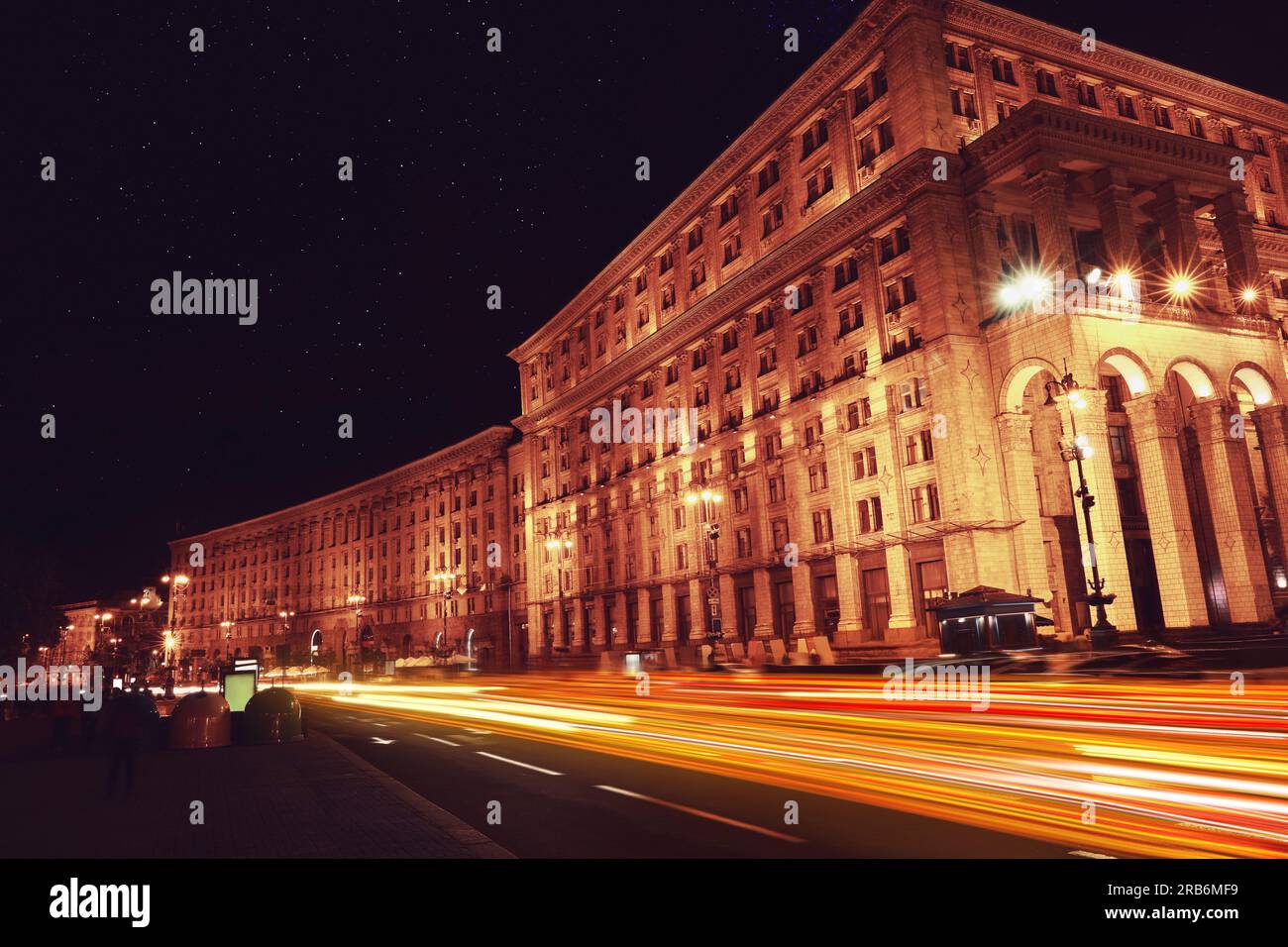 Road traffic, motion blur effect. View of night cityscape with car ...