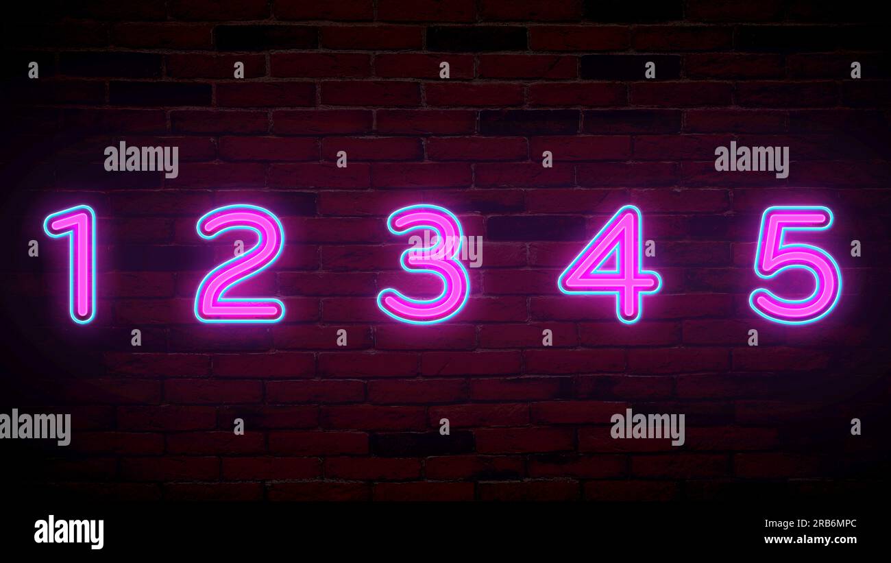 Glowing neon number (1, 2, 3, 4, 5) signs on brick wall Stock Photo - Alamy