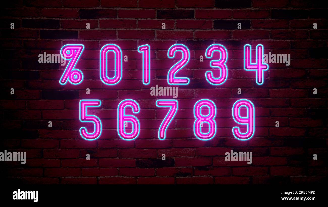 Glowing neon number and percent signs on brick wall Stock Photo - Alamy