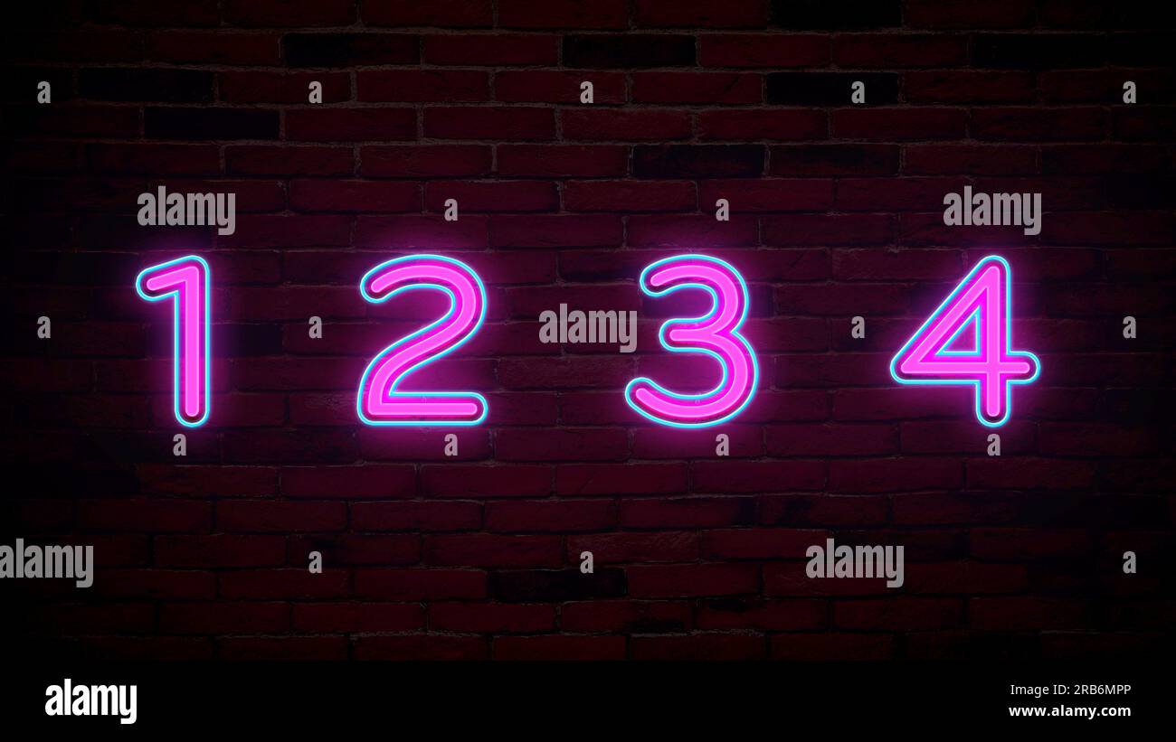Glowing neon number (1, 2, 3, 4) signs on brick wall Stock Photo - Alamy