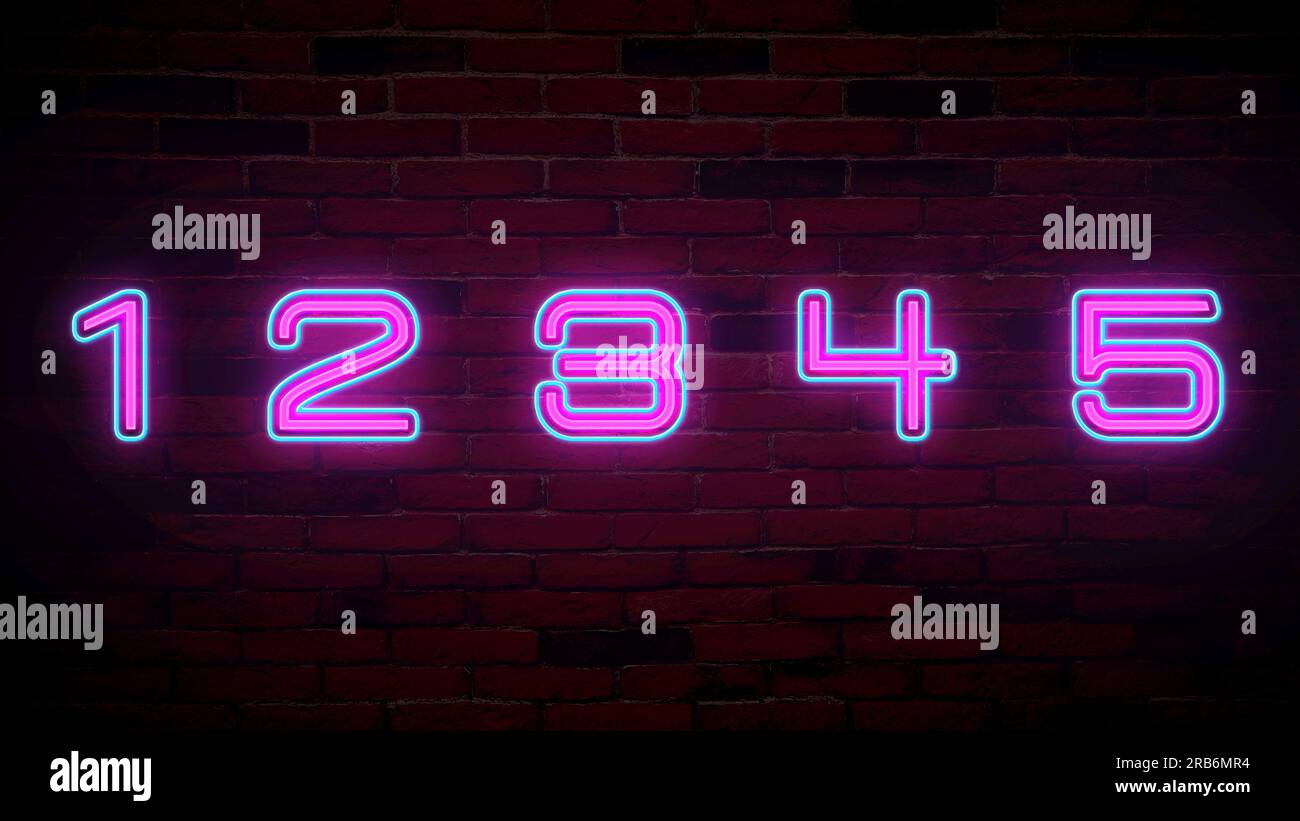 Glowing neon number (1, 2, 3, 4, 5) signs on brick wall Stock Photo - Alamy