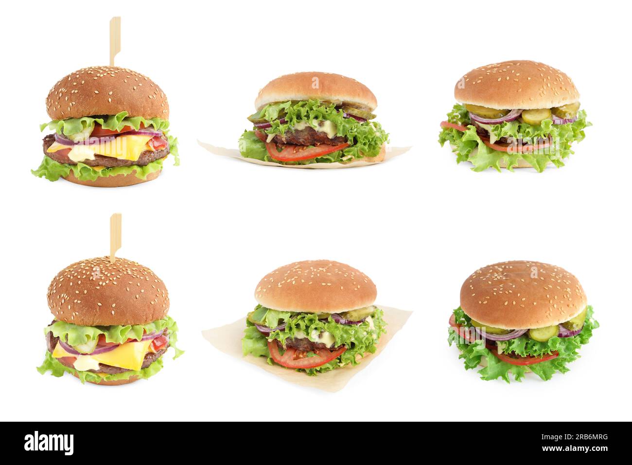 Collage with delicious burgers on white background Stock Photo - Alamy