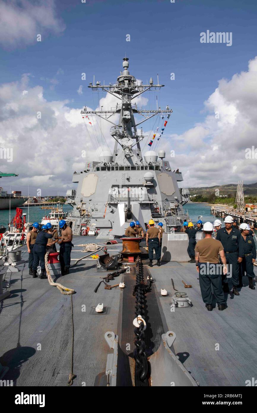 GUAM (July 06, 2023) Sailors muster on the foc’sle for a sea-and-anchor ...