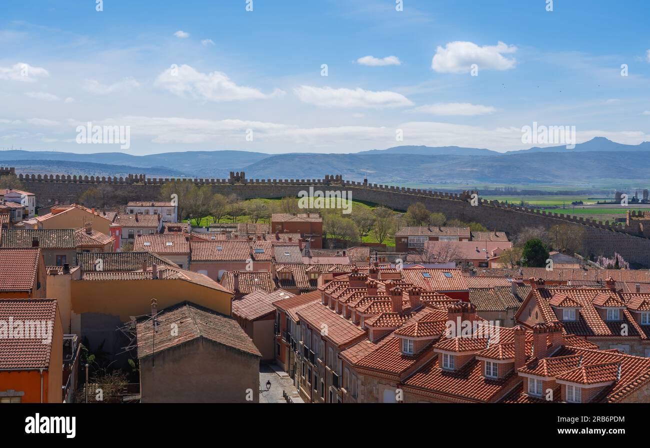 Aerial view of Avila with medieval walls and mountains - Avila, Spain ...