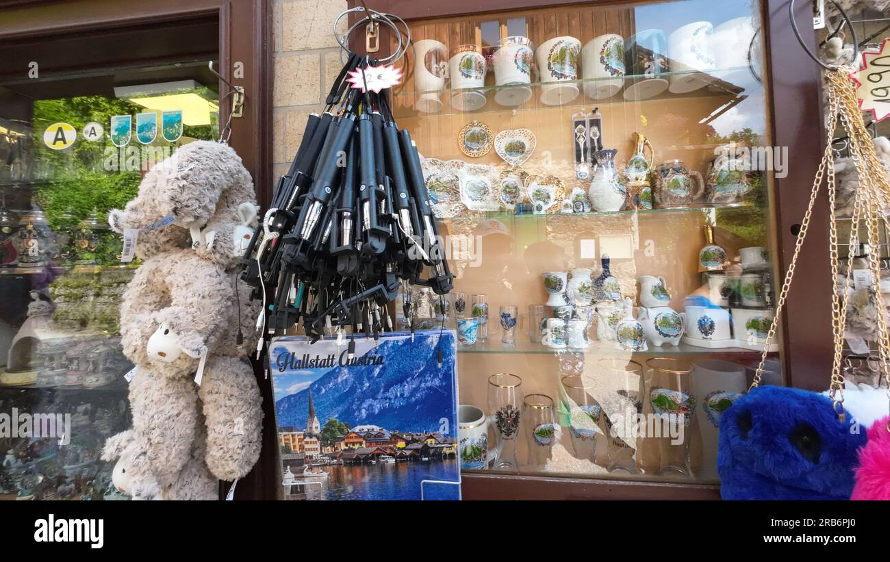 Souvenir shop on the street in Hallstatt town, Salzkammergut region ...