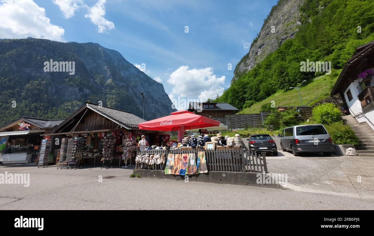 Souvenir shop in Hallstatt town, Salzkammergut region, Austria Stock ...