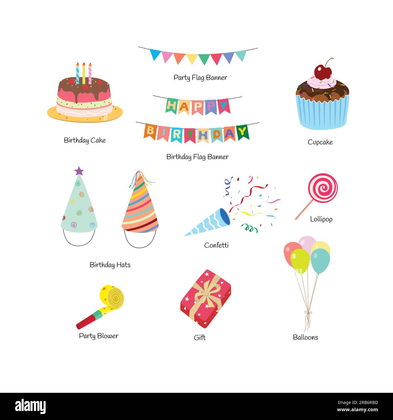 Birthday set flat vector in cartoon style. Colorful icons in doodle ...