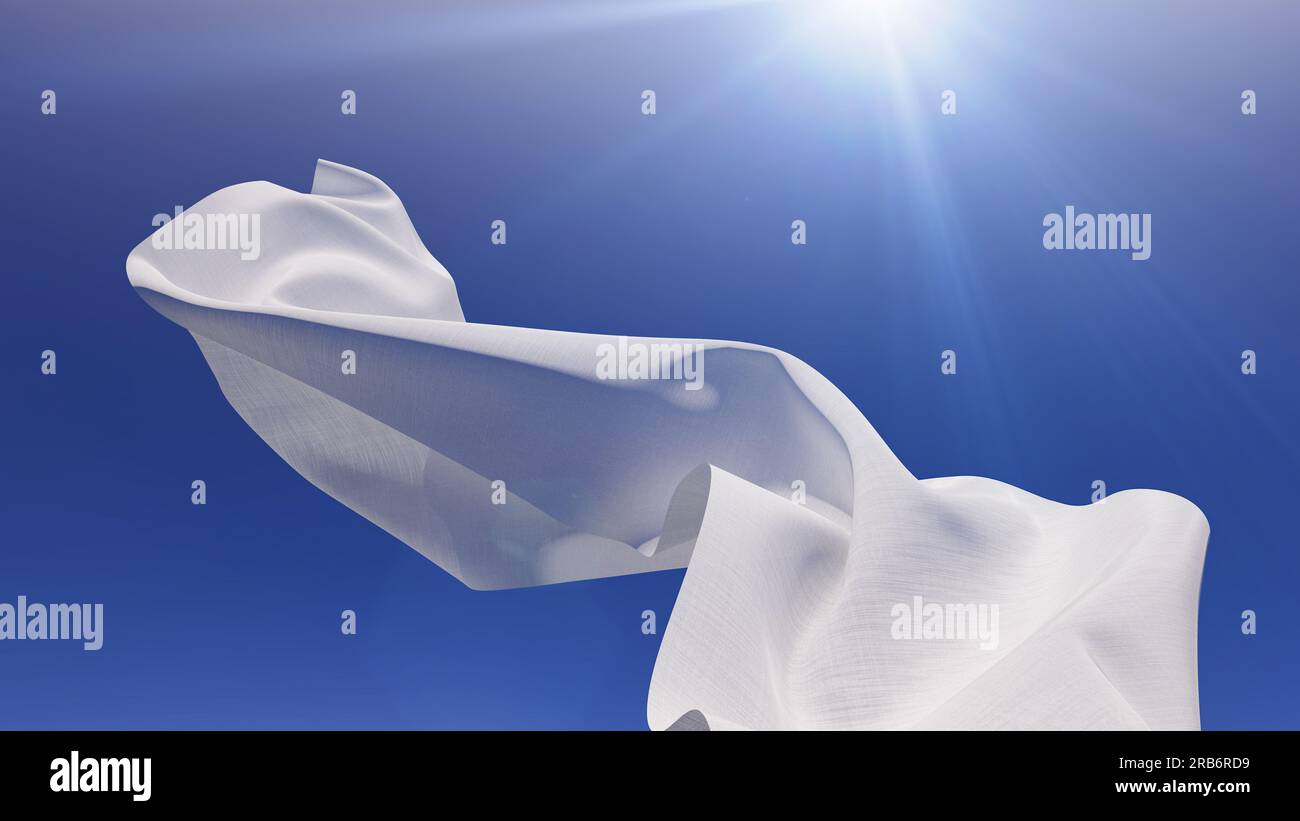 White fabric flying on the sky background. Natural lens flare effect ...