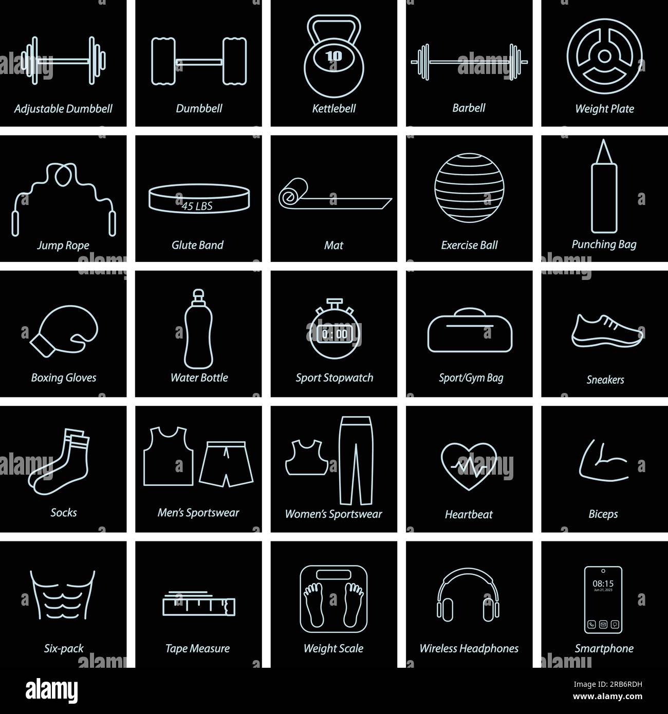 Gym workout simple icons set vector on black background. Set of symbols ...