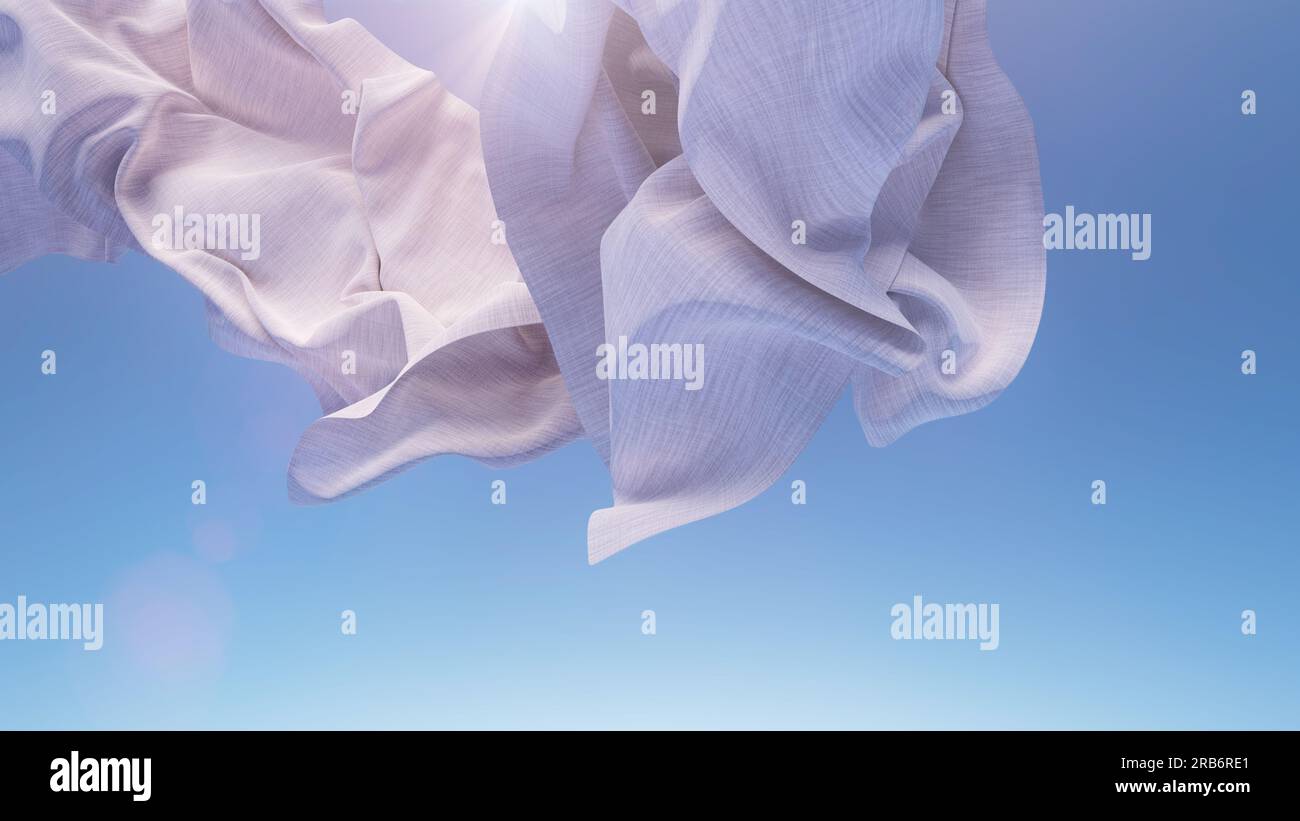 Flying fabric on sky background. Intense area of light with lens flare ...