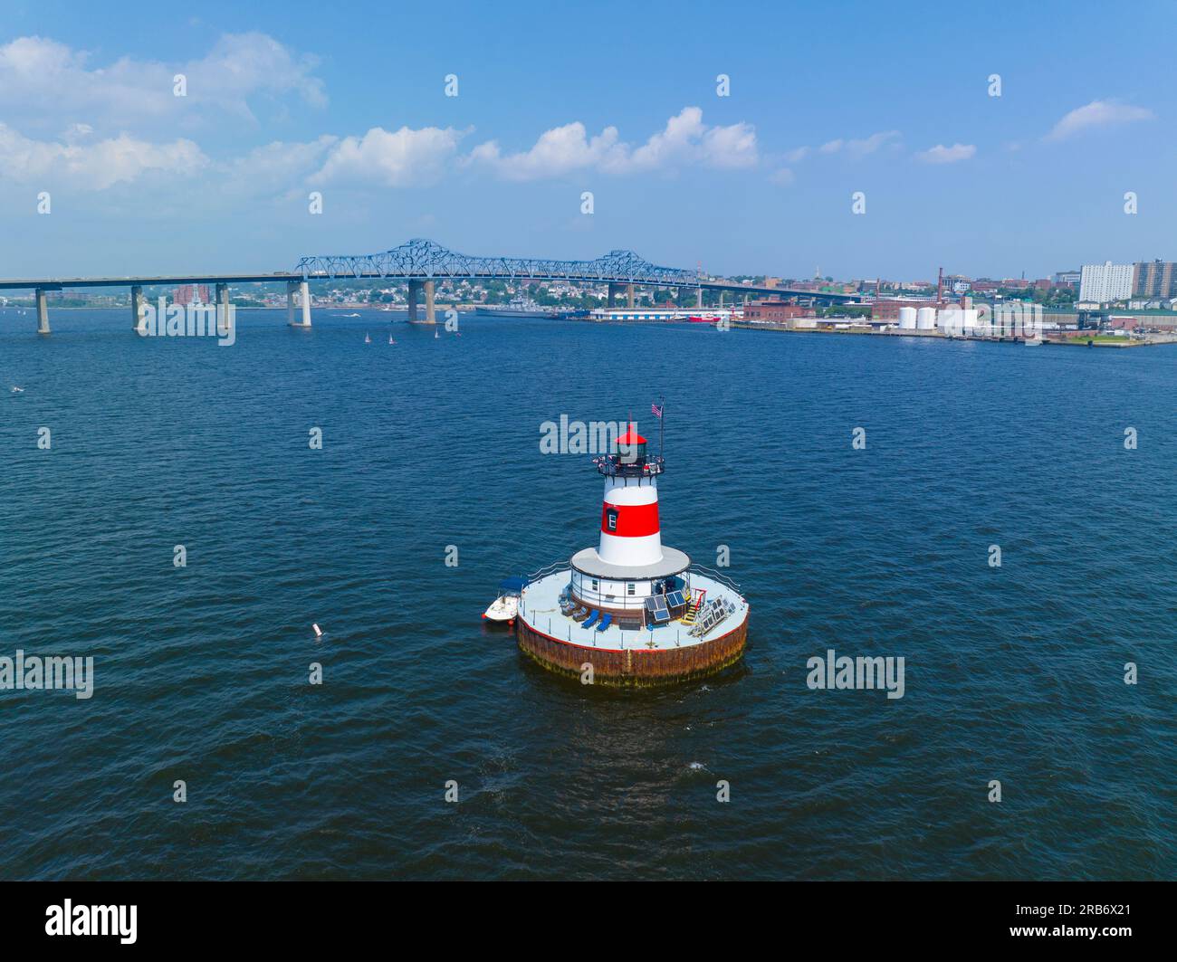 Borden Flats Ligthouse aerial view with Braga Bridge at the back. The ...