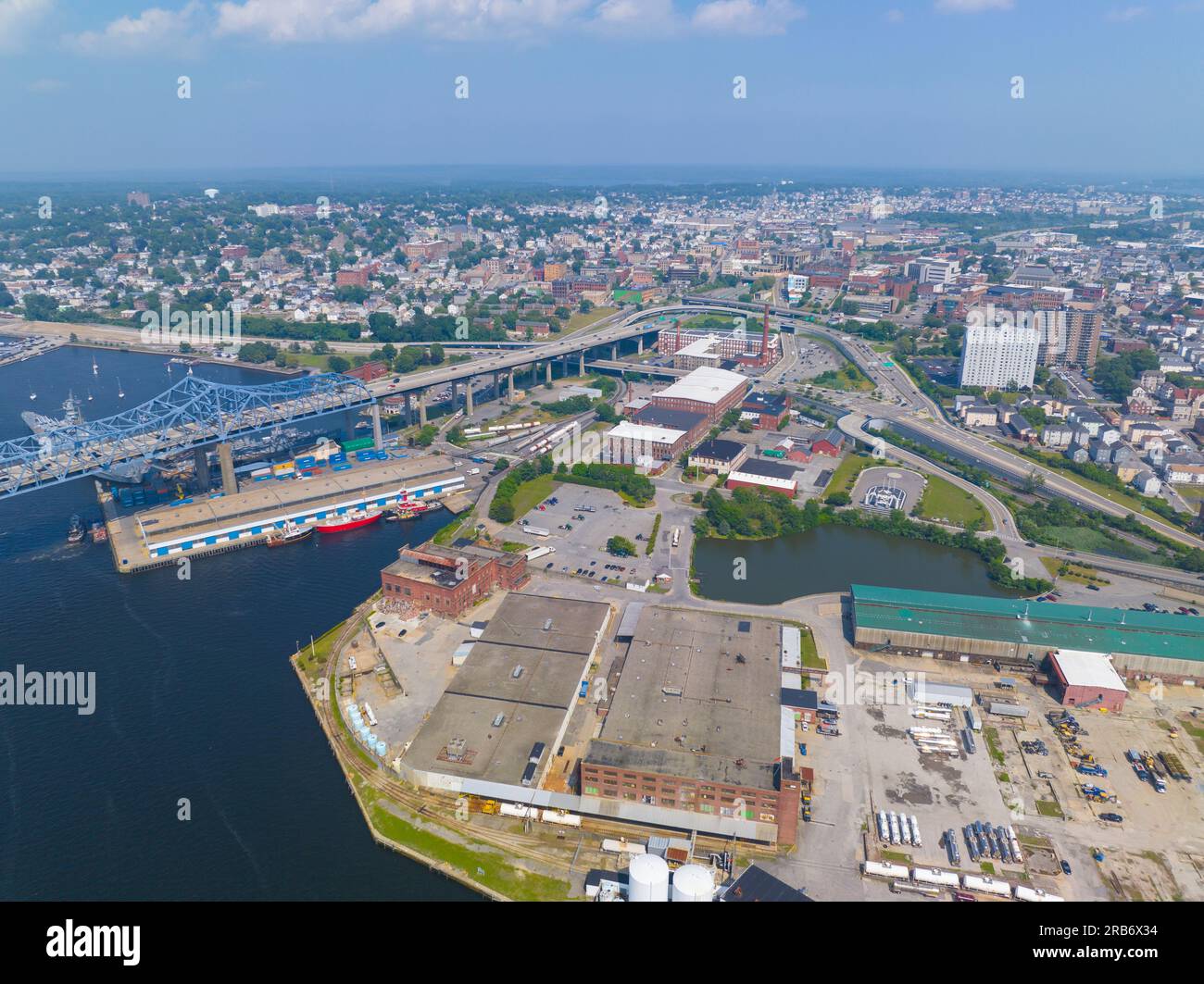 Fall River modern city aerial view with Braga Bridge on Taunton River ...