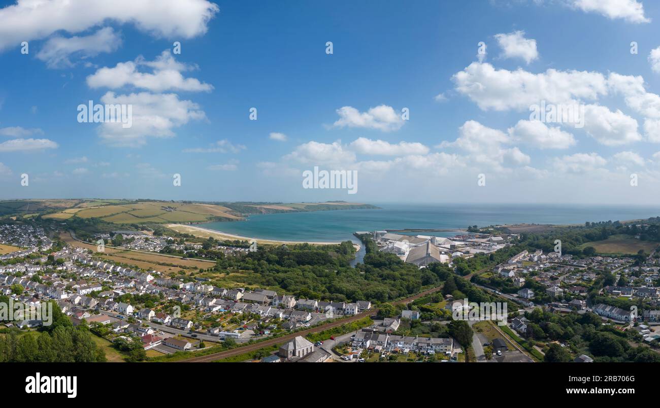 An aerial view looking across the town of Par towards the beach in ...