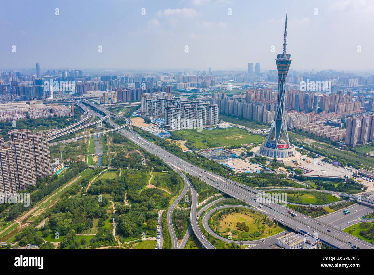 Aerial photo shows the FU Tower in Zhengzhou City, central China's Henan Province, 5 July, 2023 ...