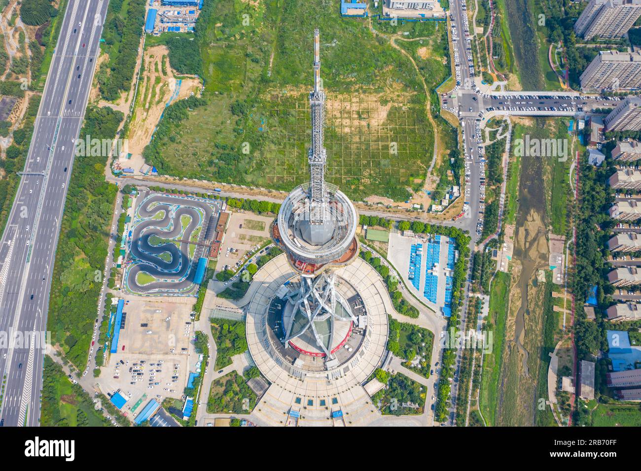 Aerial photo shows the FU Tower in Zhengzhou City, central China's Henan Province, 5 July, 2023 ...