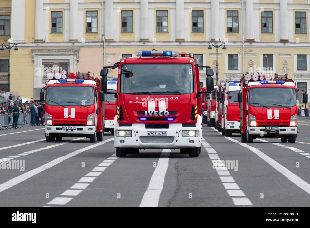 SAINT PETERSBURG, RUSSIA - JUNE 30, 2023: Convoy of modern fire trucks ...