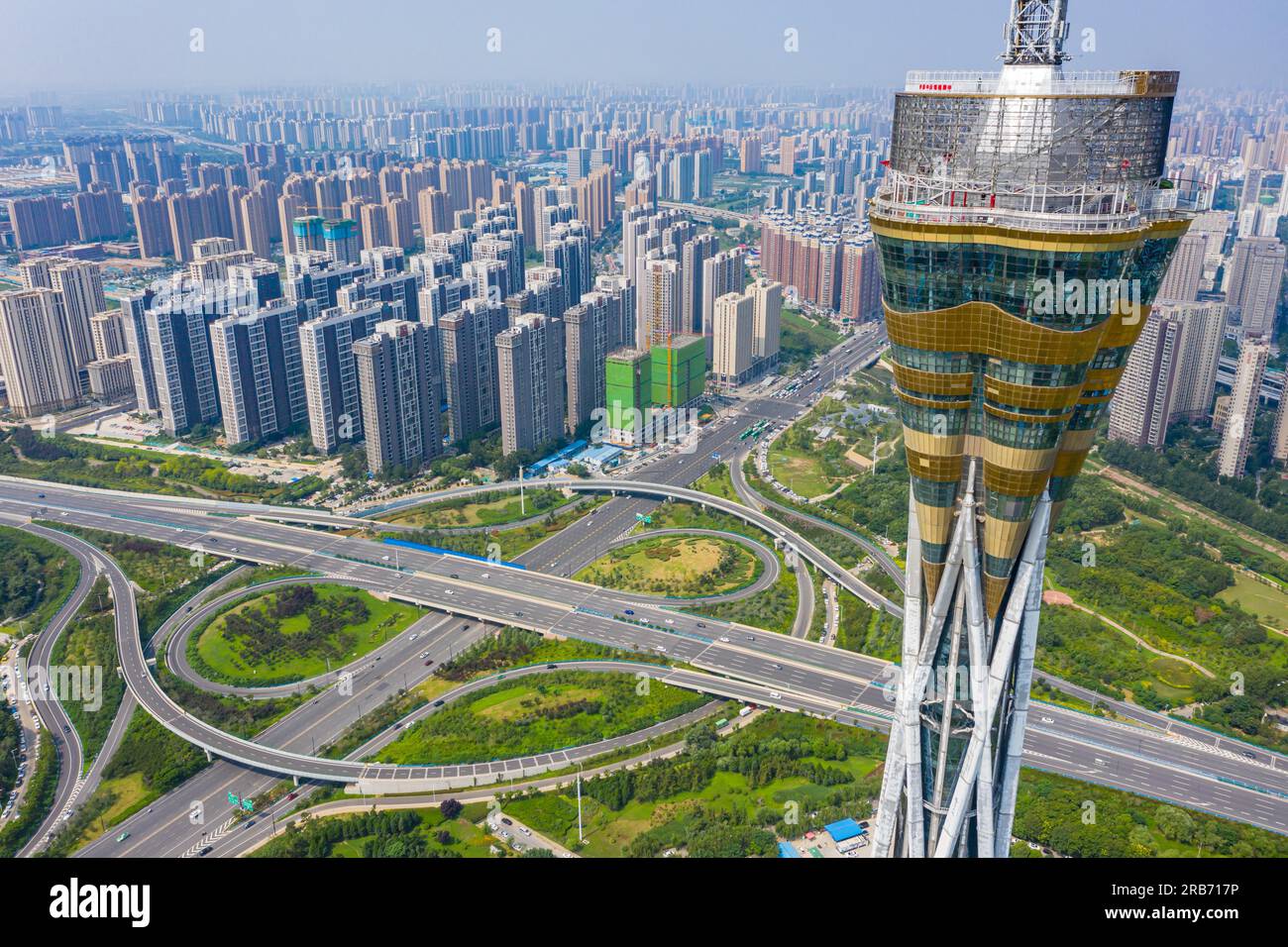 Aerial photo shows the FU Tower in Zhengzhou City, central China's Henan Province, 5 July, 2023 ...