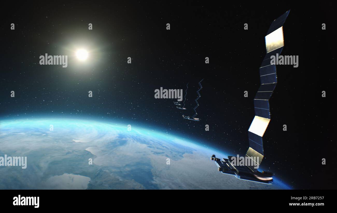 Illustration 3D computer graphics of satellites flying in orbit of ...