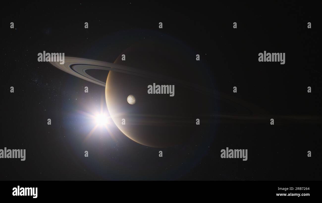 Illustration Cinematic 3D animation of Saturn and its moon Mimas or ...