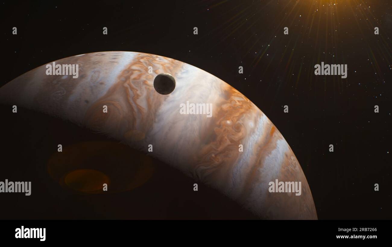 Illustration Realistic 3D animation of Jupiter and its moon Io, Europa ...