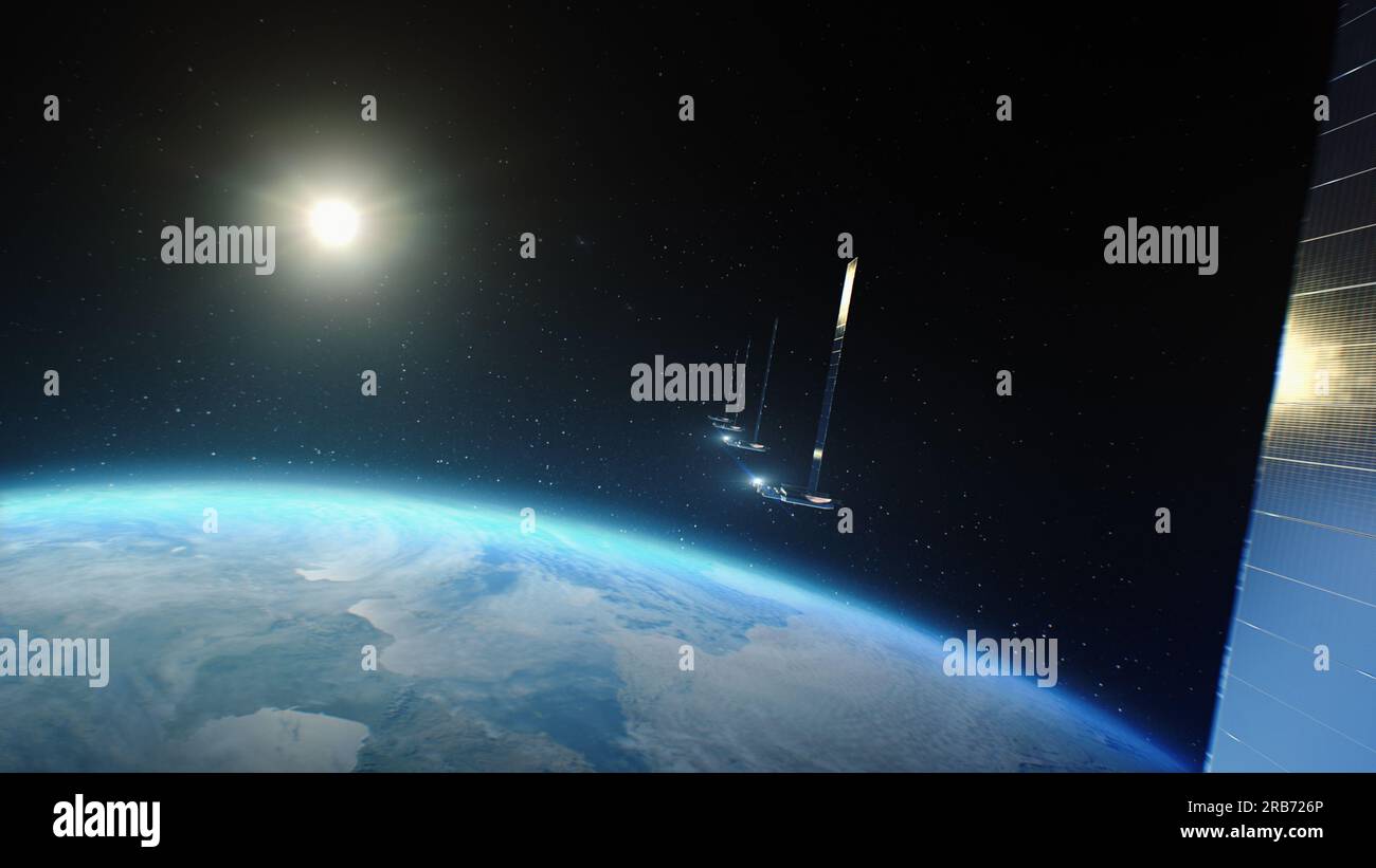 Illustration 3D computer graphics of satellites flying in orbit of ...
