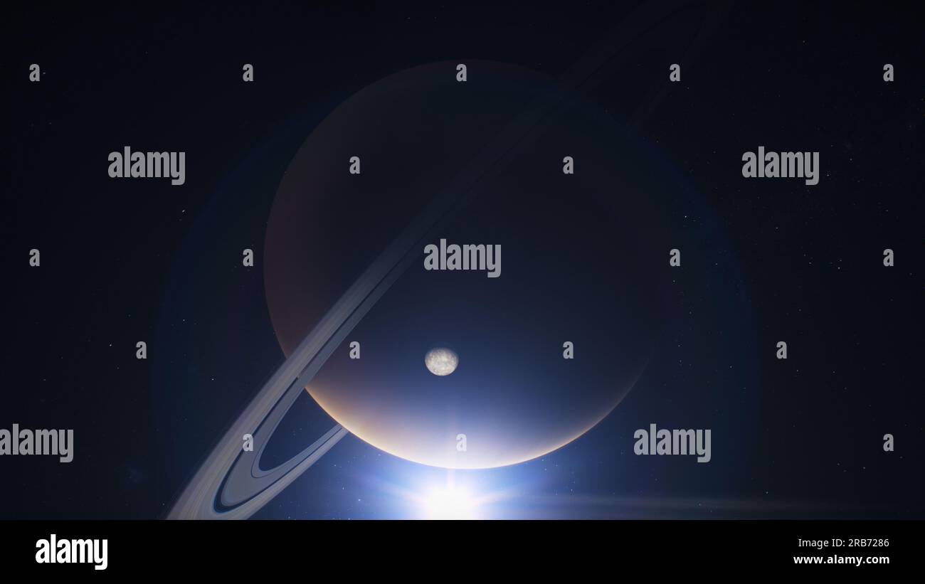 Illustration Cinematic 3D animation of Saturn and its moon Mimas or ...