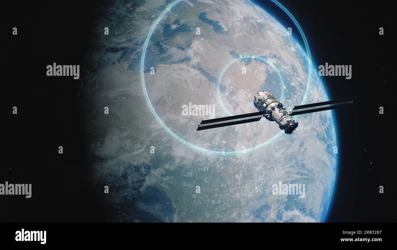 Illustration 3D abstract animation of satellite in orbit transmitting ...