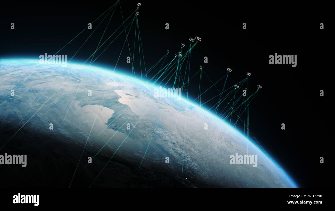 Illustration 3D abstract animation of satellites transmitting data or ...