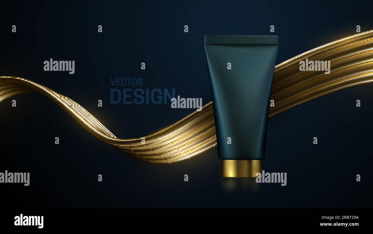 Cosmetic cream tube on black background with golden streaming wave ...